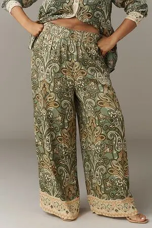 CONDITIONS APPLY Imara Satin Wide-leg Pants - Green Pattern