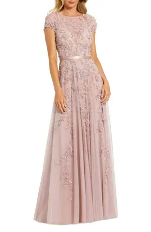 Mac Duggal Floral Embellished Mesh Gown - Mocha