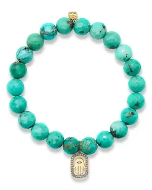 SYDNEY EVAN 14k Yellow Gold, Turquoise, And Diamond Hamsa Hand Stretch Bracelet - Gold/blue