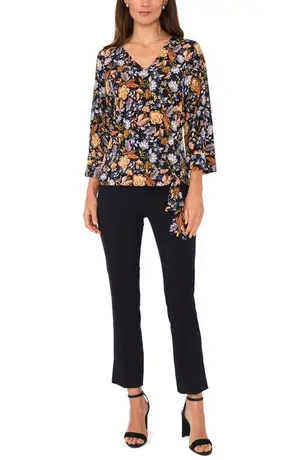 Chaus Floral Print Side Tie Top - Black/ Denim/ Rust