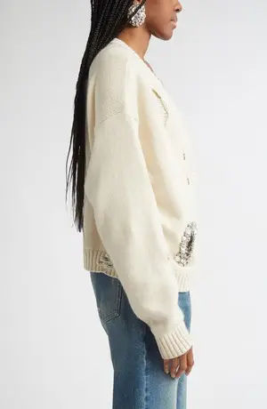 AREA Distressed Crystal Cardigan - Cream