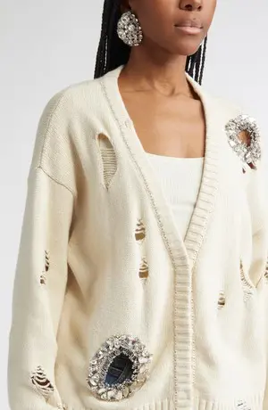 AREA Distressed Crystal Cardigan - Cream