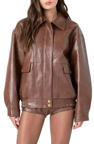 GREY LAB Oversized Faux Leather Jacket - Brown