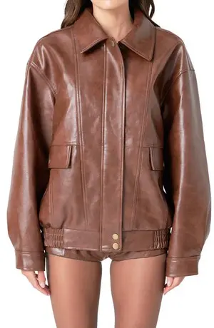 GREY LAB Oversized Faux Leather Jacket - Brown