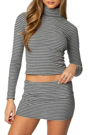 EDIKTED Leana Stripe Open Back Crop Turtleneck Top