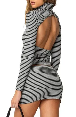 EDIKTED Leana Stripe Open Back Crop Turtleneck Top