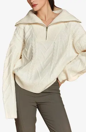CRESCENT Front Zip Cable Knit Sweater - Pearl