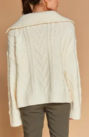 CRESCENT Front Zip Cable Knit Sweater - Pearl