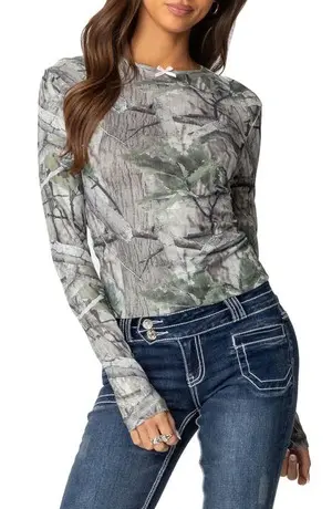 EDIKTED Camo Mesh Long Sleeve Top