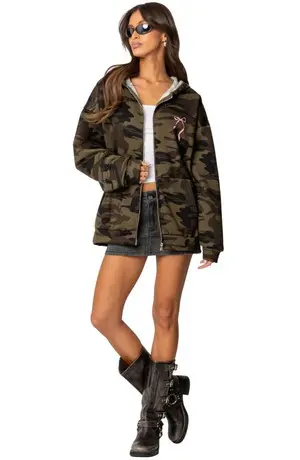 EDIKTED Camo Oversized Zip Hoodie With Bow Detail