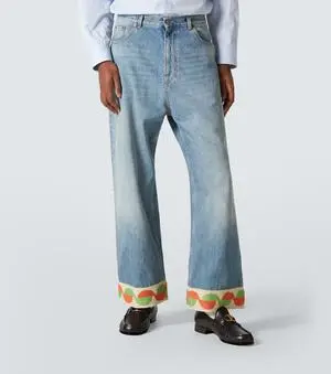 Valentino Garavani Jacquard-trimmed Wide-leg Jeans