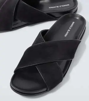 Manolo Blahnik Chiltern Suede Slides - Black