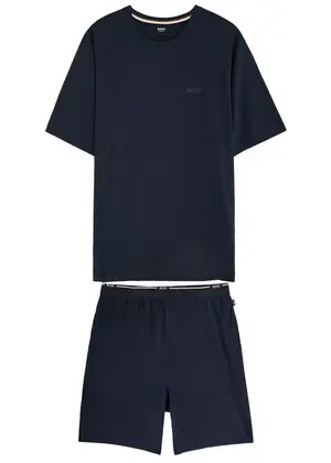 BOSS Logo-embroidered Stretch-jersey Pyjama Set - Dark Blue