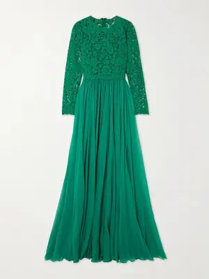 chinese dress ladies Dolce & Gabbana Green Floral Lace Midi Dress
