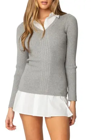 EDIKTED Long Sleeve Layered Mini Sweater Dress - Gray