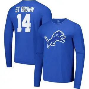 MAJESTIC THREADS Amon-ra St. Brown Detroit Lions Name & Number Long Sleeve T-shirt - Blue