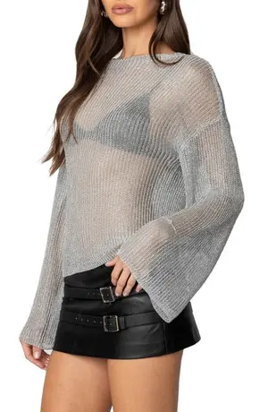 EDIKTED Sheer Metallic Bell Sleeve Sweater