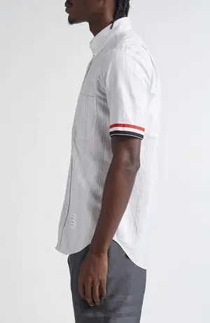Thom Browne Straight Fit Stripe Short Sleeve Cotton Button-down Shirt
