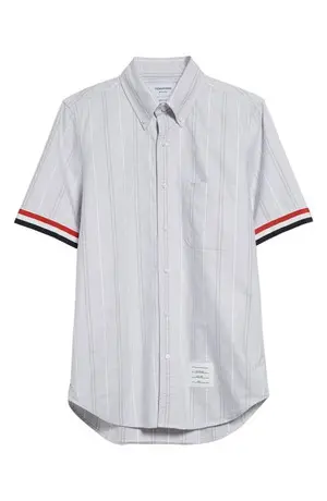 Thom Browne Straight Fit Stripe Short Sleeve Cotton Button-down Shirt