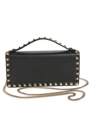 Valentino Garavani Rockstud Leather Wallet On A Chain - Black