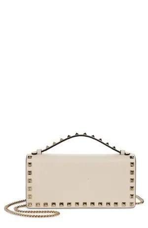 Valentino Garavani Rockstud Leather Wallet On A Chain - Light Ivory