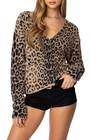 EDIKTED Printed Fuzzy V-neck Cardigan - Leopard