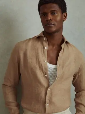 REISS Ruban Linen Button-through Shirt Camel