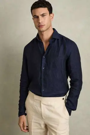 REISS Ruban Linen Button-through Shirt Navy