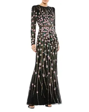 Mac Duggal Embellished High Neck Long Sleeve Gown - Black Multi