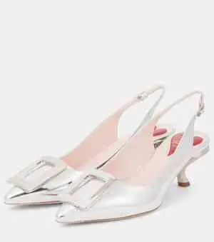 ROGER VIVIER Virgule 55 Metallic Leather Slingback Pumps - Silver