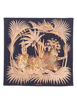 FERRAGAMO Leopard Print Silk Scarf Accessories - Blue