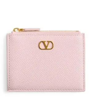 Valentino Garavani Leather Vlogo Signature Zipped Card Holder - Pink