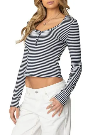 EDIKTED Jocelyn Stripe Cotton Crop Top - Navy