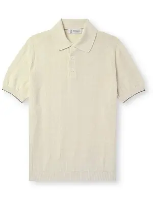 Brunello Cucinelli Ribbed Linen And Cotton-blend Polo Shirt - Neutrals