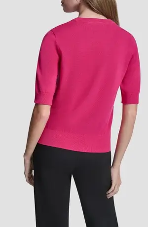 Dkny Graffiti Floral Jacquard Short Sleeve Sweater - Hot Pink/black