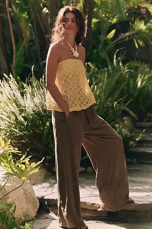 Free People Day's End Linen Pull-On Pants Chocolate Gelato