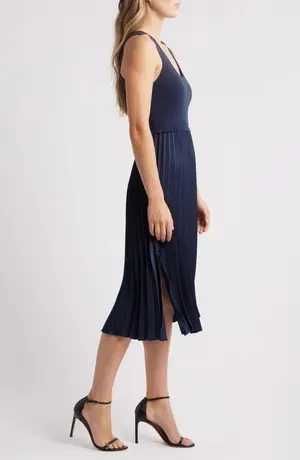 sam edelman women's mixed-media sleeveless pleated dress Sam Edelman Mixed Media Pleated Dress In Navy - 71% Off
