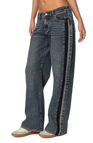 EDIKTED Contrast Panel Low Rise Wide Leg Jeans - Dark-blue