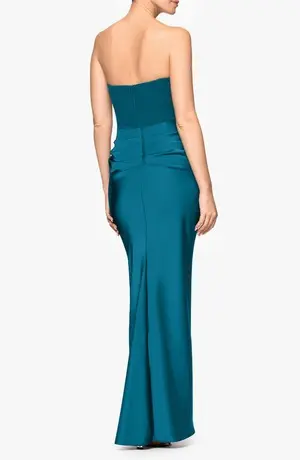 Betsy & Adam Strapless Mixed Media Gown - Teal