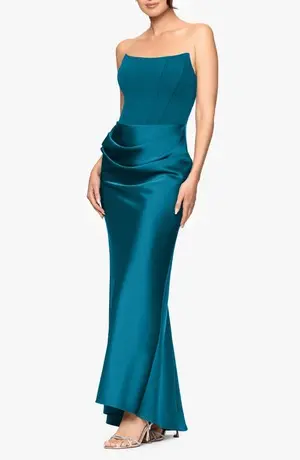 Betsy & Adam Strapless Mixed Media Gown - Teal