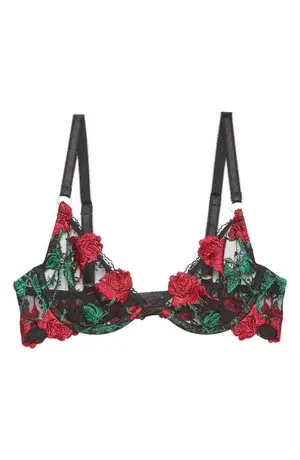 FLEUR DU MAL Fuller Cup Bleeding Rose Embroidered Underwire Bra - Black
