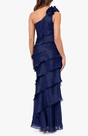 XSCAPE EVENINGS Ruffle One-shoulder Tiered Charmeuse Gown