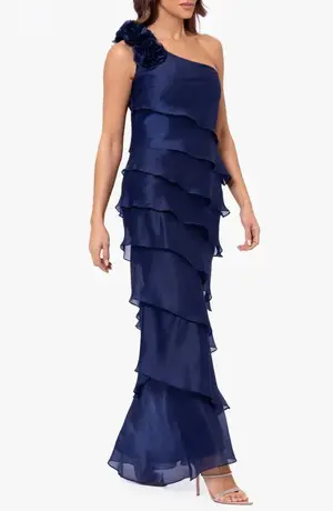 XSCAPE EVENINGS Ruffle One-shoulder Tiered Charmeuse Gown