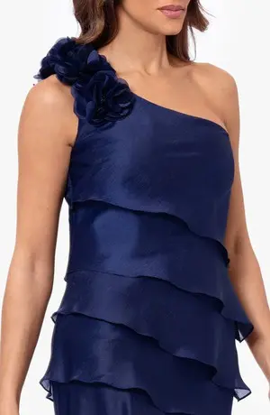XSCAPE EVENINGS Ruffle One-shoulder Tiered Charmeuse Gown