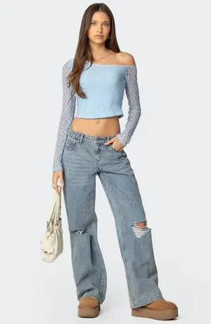 EDIKTED Fabia One-shoulder Lace Crop Top - Light-blue