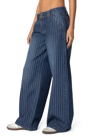 EDIKTED Cory Stripe Low Rise Wide Leg Jeans - Blue