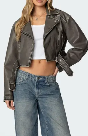 EDIKTED Washed Faux Leather Moto Jacket
