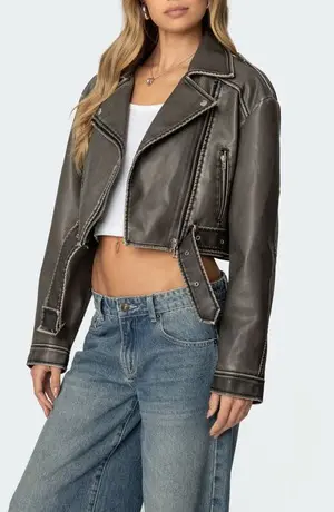 EDIKTED Washed Faux Leather Moto Jacket