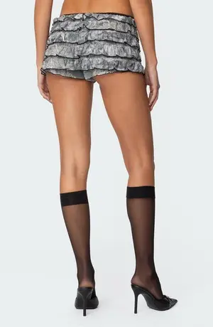 EDIKTED Ruffle Camo Mesh Micro Shorts