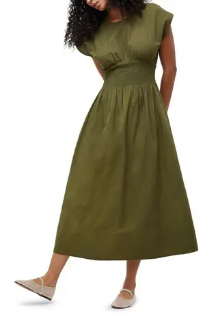 madewell green stripe dress Madewell Stripe Smocked Waist Seersucker Midi Dress - Desert Olive